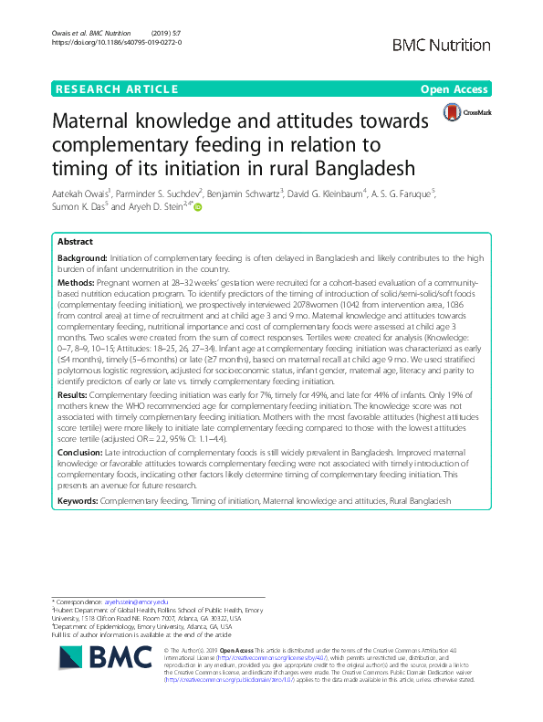 (PDF) Maternal knowledge and attitudes towards complementary feeding in relation to timing of ...