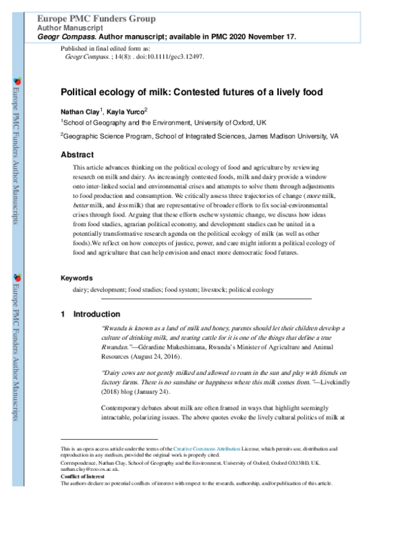 (PDF) Political ecology of milk: Contested futures of a lively food