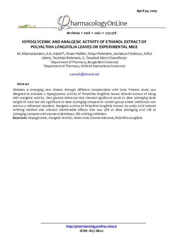 (PDF) Hypoglycemic and analgesic activity of ethanol extract of polyalthia longifolia leaves on ...