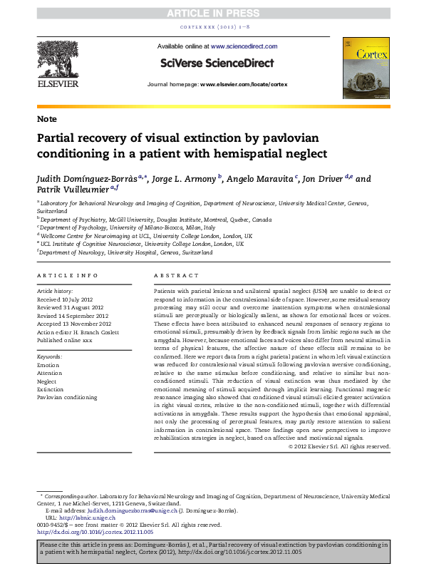 (PDF) Partial recovery of visual extinction by pavlovian conditioning ...