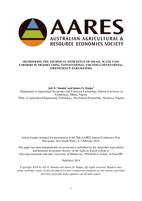 Pdf Rethinking The Technical Efficiency Of Small Scale Yam Farmers In