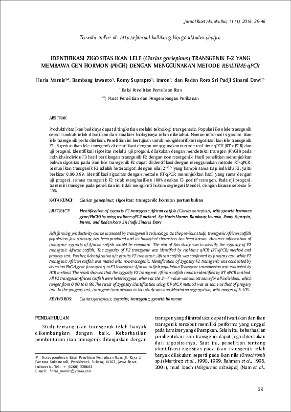 (PDF) IDENTIFIKASI ZIGOSITAS IKAN LELE (Clarias gariepinus) TRANSGENIK ...