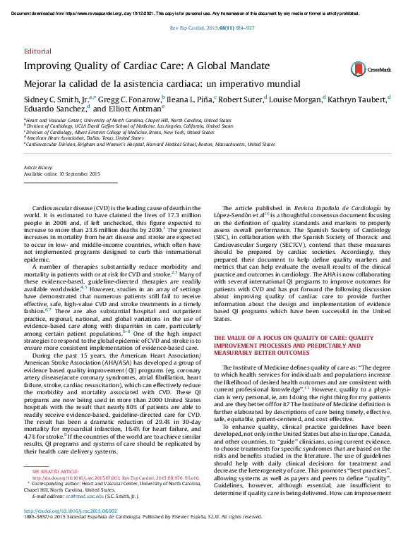 (PDF) Improving Quality of Cardiac Care: A Global Mandate