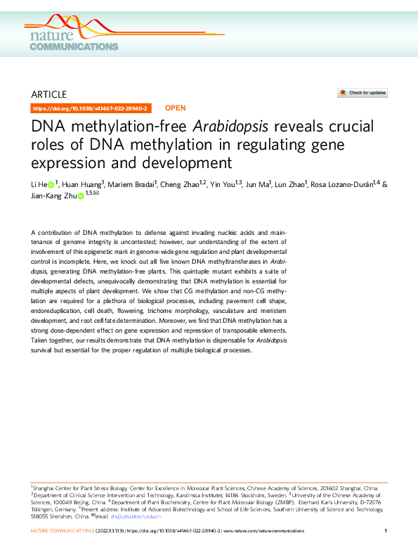 (PDF) DNA methylation-free Arabidopsis reveals crucial roles of DNA methylation in regulating ...
