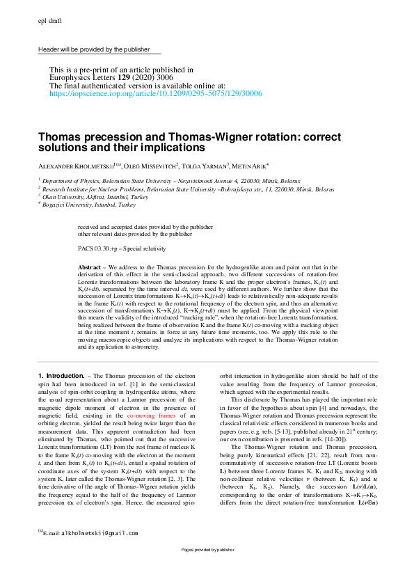 (PDF) Thomas precession and Thomas-Wigner rotation: Correct solutions ...