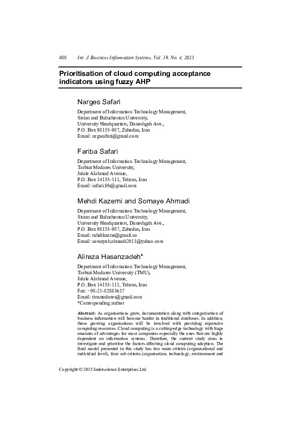 (PDF) Prioritisation of cloud computing acceptance indicators using fuzzy AHP