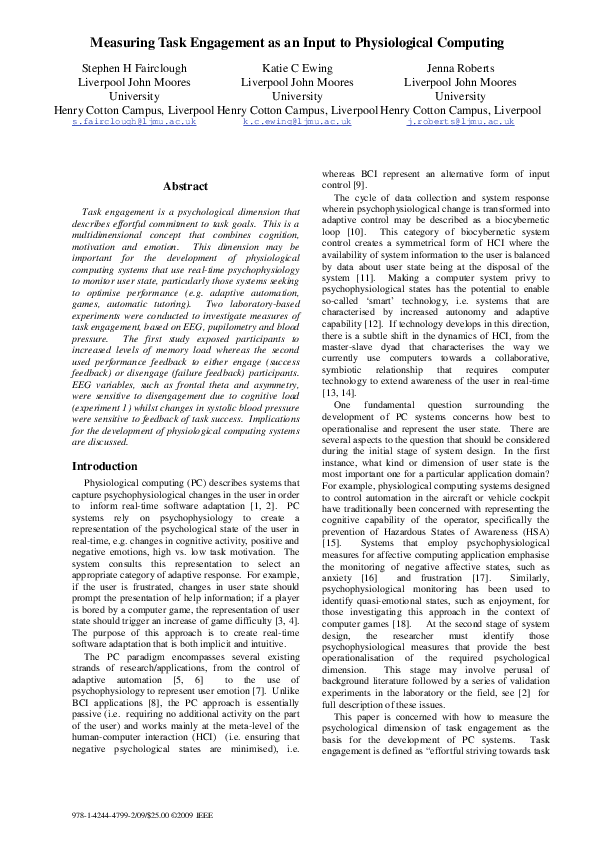 (PDF) Measuring task engagement as an input to physiological computing
