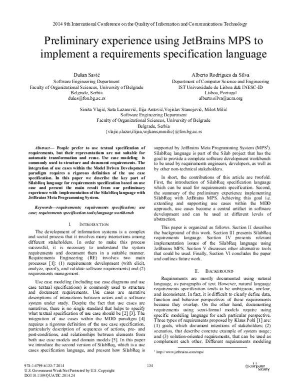 (PDF) Preliminary Experience Using JetBrains MPS to Implement a Requirements Specification Language