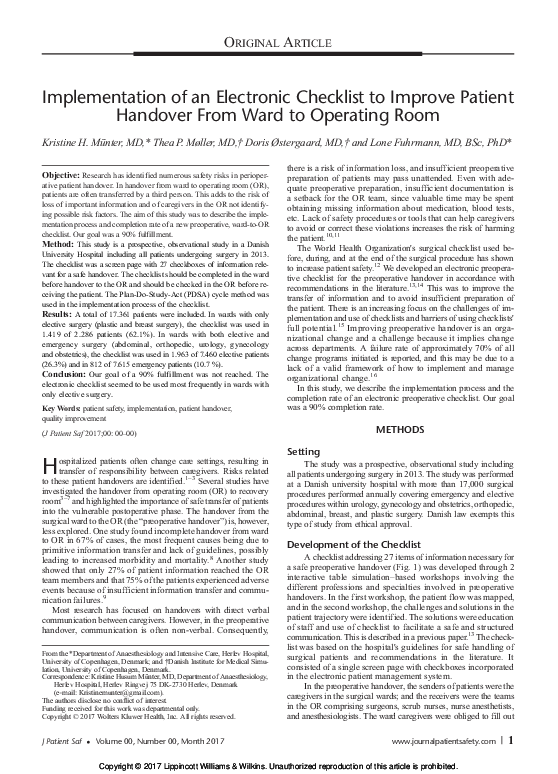 (PDF) Implementation of an Electronic Checklist to Improve Patient ...
