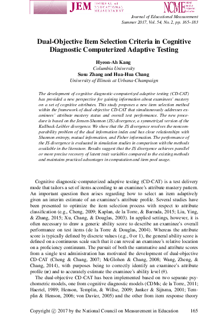 Pdf Dual Objective Item Selection Criteria In Cognitive Diagnostic Computerized Adaptive