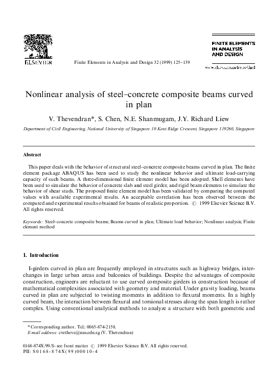Pdf Nonlinear Analysis Of Steel Concrete Composite Beams Curved In