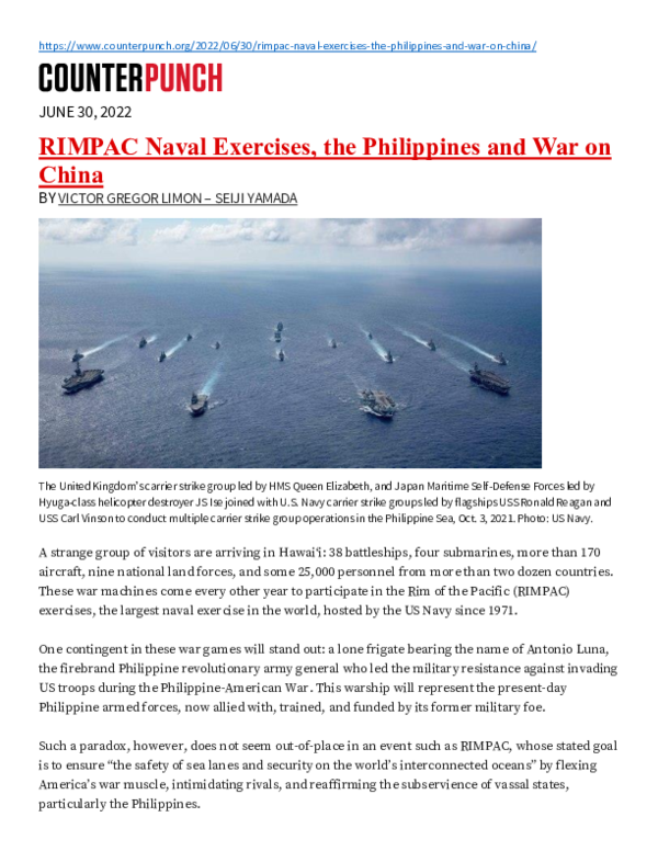 (PDF) RIMPAC Naval Exercises, the Philippines and War on China ...
