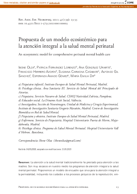 (PDF) Propuesta de un modelo ecosistémico para la atención integral a la salud mental perinatal