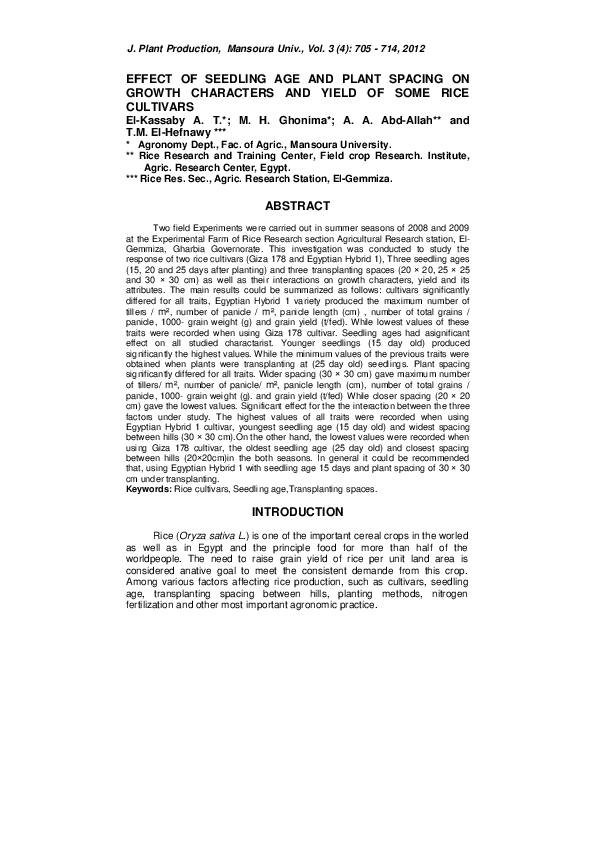 Pdf Effect Of Seedling Age And Plant Spacing On Growth Characters And