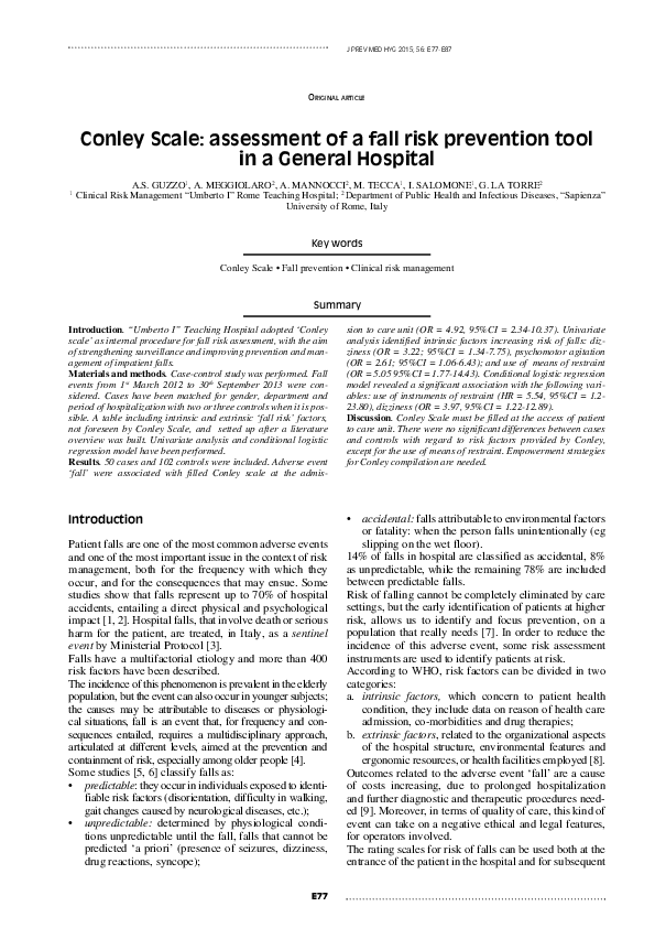(PDF) Conley Scale: assessment of a fall risk prevention tool in a ...
