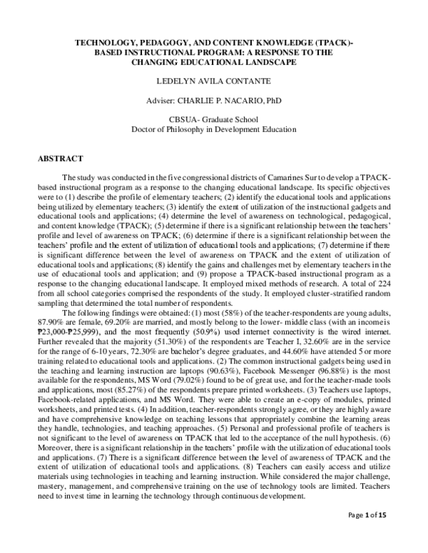 (PDF) TECHNOLOGY, PEDAGOGY, AND CONTENT KNOWLEDGE (TPACK)-BASED INSTRUCTIONAL PROGRAM: A ...