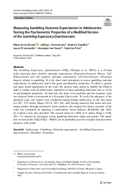 (PDF) Measuring Gambling Outcome Expectancies in Adolescents: Testing ...
