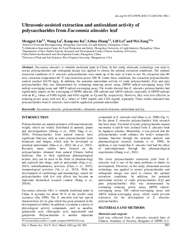 (PDF) Ultrasonic-assisted extraction and antioxidant activity of polysaccharides from Eucommia ...