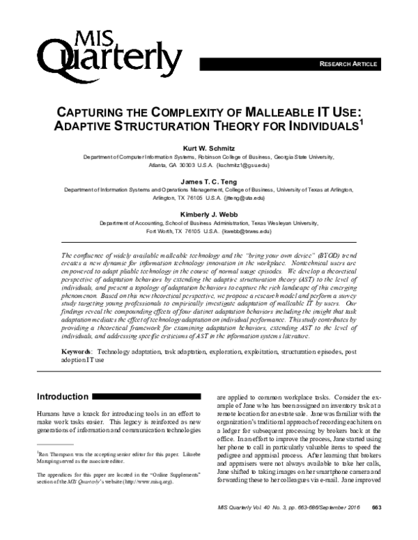(PDF) Capturing the Complexity of Malleable IT Use: Adaptive Structuration Theory for Individuals