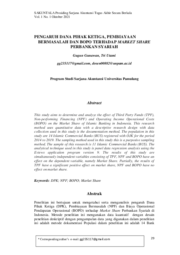 (PDF) Pengaruh Dana Pihak Ketiga, Pembiayaan Bermasalah Dan Bopo Terhadap Market Share Perbankan ...