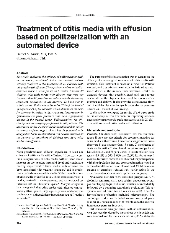 (PDF) Treatment of Otitis Media with Effusion Based on Politzerization ...