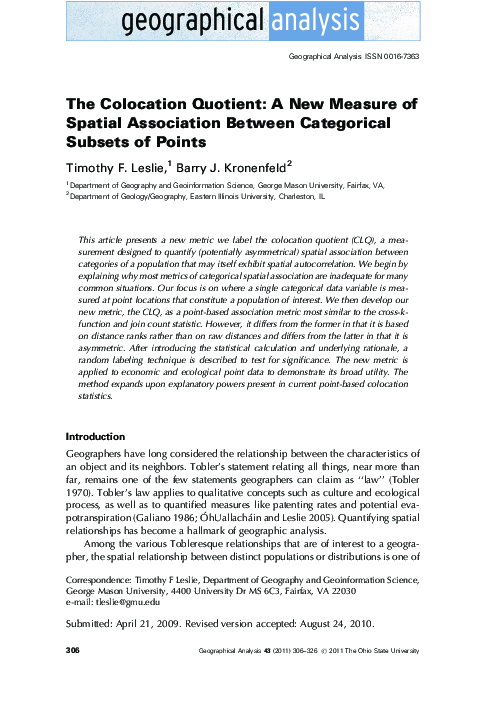 (PDF) The Colocation Quotient: A New Measure of Spatial Association Between Categorical Subsets ...