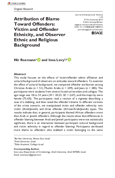 (PDF) Attribution of Blame Toward Offenders: Victim and Offender ...