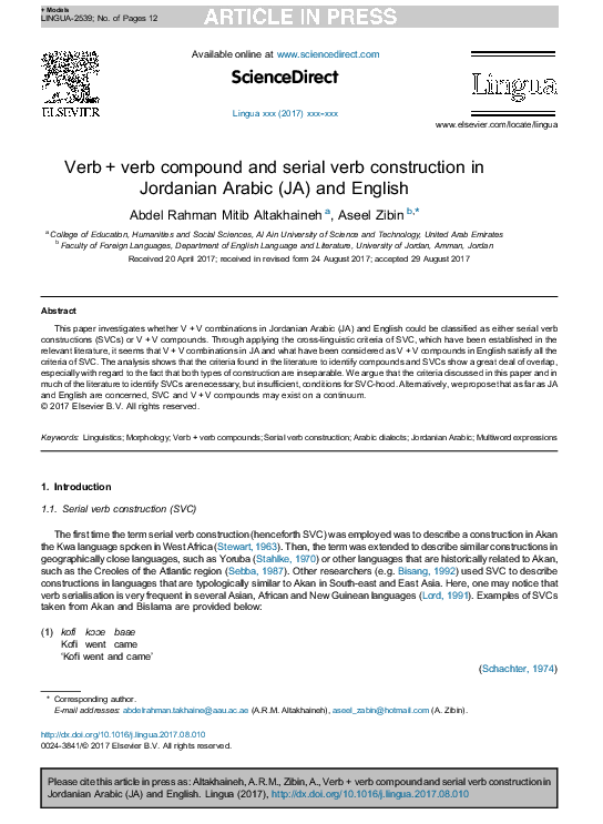 (PDF) Verb + verb compound and serial verb construction in Jordanian ...