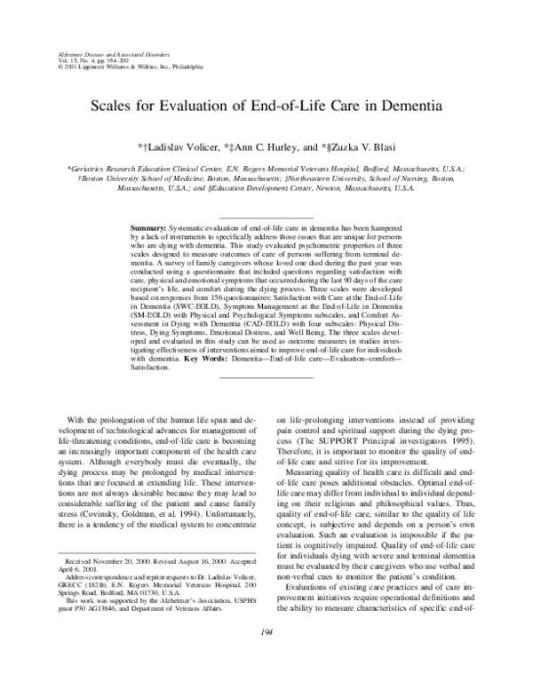 (PDF) Scales for Evaluation of End-of-Life Care in Dementia