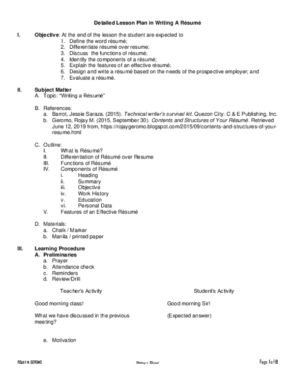 (PDF) Detailed Lesson Plan in Writing a Résumé