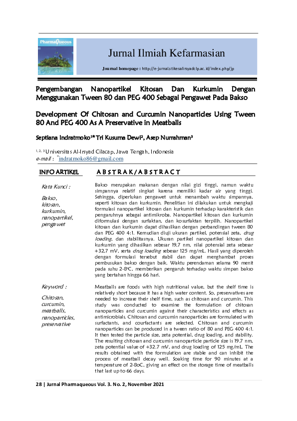 (PDF) Pengembangan Nanopartikel Kitosan Dan Kurkumin Dengan Menggunakan Tween 80 Dan Peg 400 ...