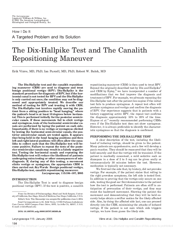 (PDF) The Dix-Hallpike Test and The Canalith Repositioning Maneuver