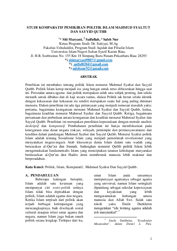 (PDF) STUDI KOMPARATIF PEMIKIRAN POLITIK ISLAM MAHMUD SYALTUT DAN ...