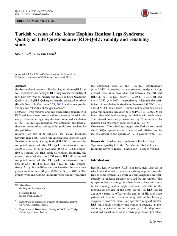 (PDF) Turkish version of the Johns Hopkins Restless Legs Syndrome ...