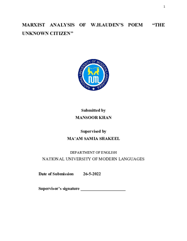 (DOC) Marxist Analysis of W.H.Auden poem 'The Unknown Citizen'