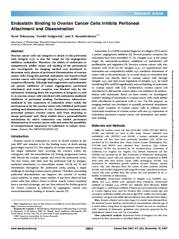 (PDF) Endostatin Binding to Ovarian Cancer Cells Inhibits Peritoneal ...