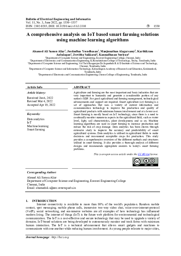 Pdf A Comprehensive Analysis On Iot Based Smart Farming Solutions Using Machine Learning
