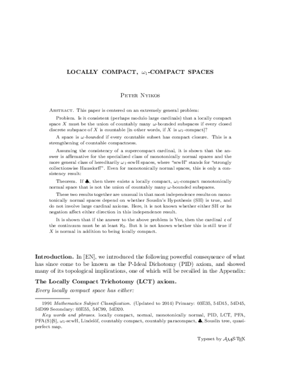(PDF) Locally compact, $ω_1$-compact spaces | Peter Nyikos - Academia.edu