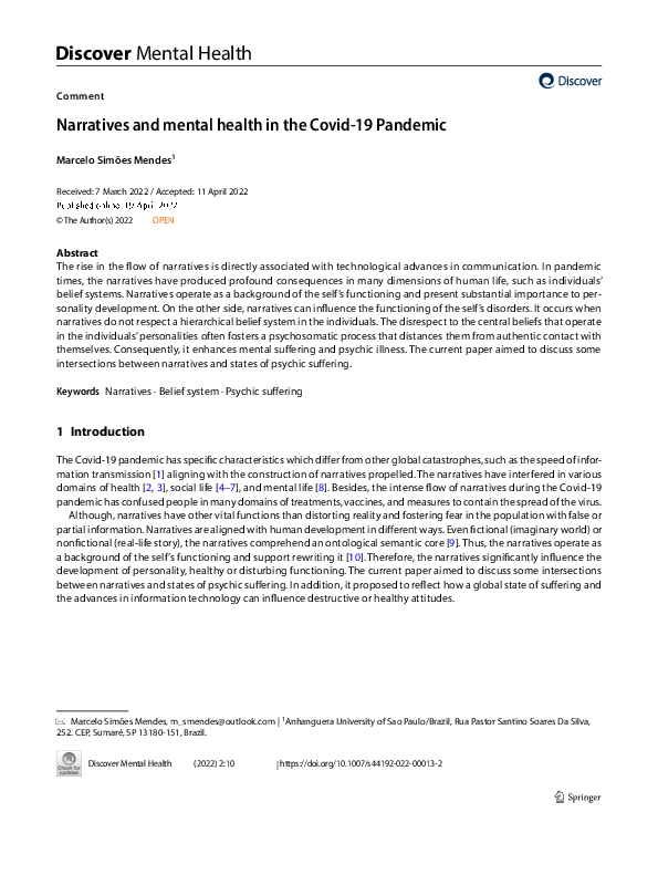 (PDF) Narratives and mental health in the Covid-19 Pandemic