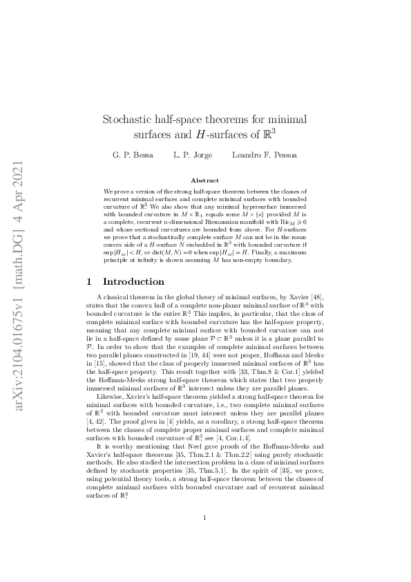 Pdf Stochastic Half Space Theorems For Minimal Surfaces And H Surfaces Of Mathbb{r} {3}