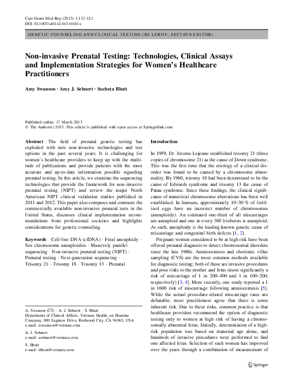 (PDF) Non-invasive Prenatal Testing: Technologies, Clinical Assays and ...