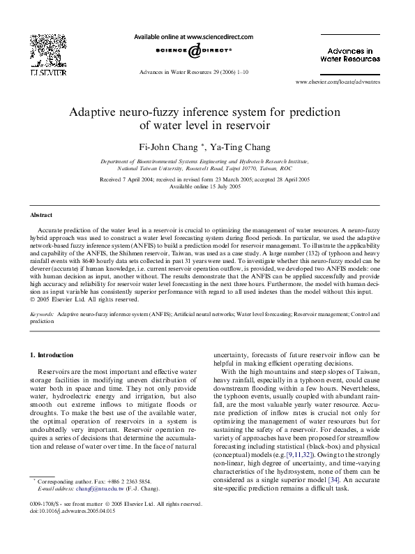 (PDF) Adaptive neuro-fuzzy inference system for prediction of water level in reservoir