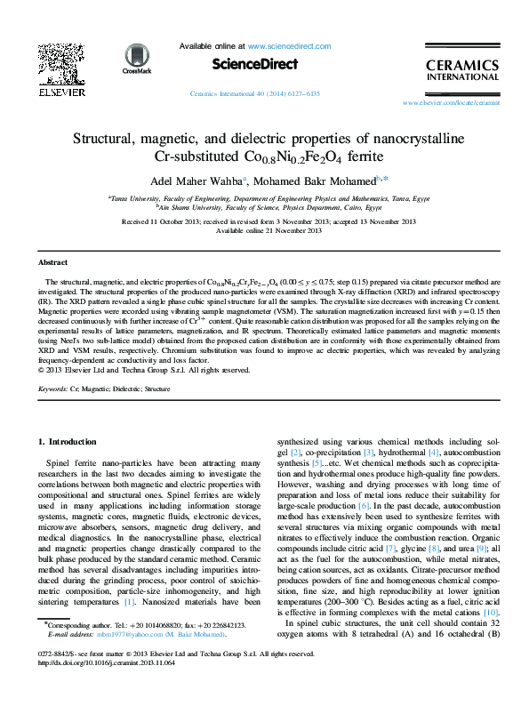 (PDF) Structural, magnetic, and dielectric properties of nanocrystalline Cr-substituted Co0.8Ni0 ...