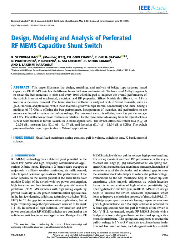 Pdf Design Modeling And Analysis Of Perforated Rf Mems Capacitive Shunt Switch Srinivasa