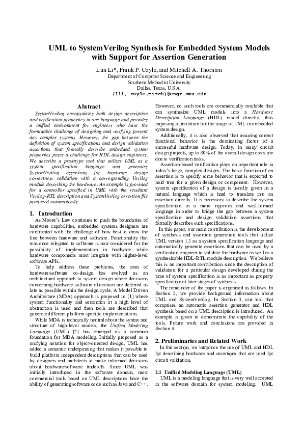 Pdf Uml To Systemverilog Synthesis For Embedded System Models With