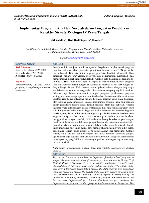 (PDF) Implementasi Program Lima Hari Sekolah dalam Penguatan Pendidikan Karakter Siswa SDN Gugus ...