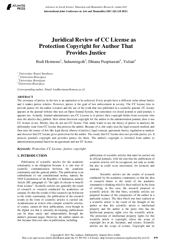 (PDF) Juridical Review of CC License as Protection Copyright for Author ...