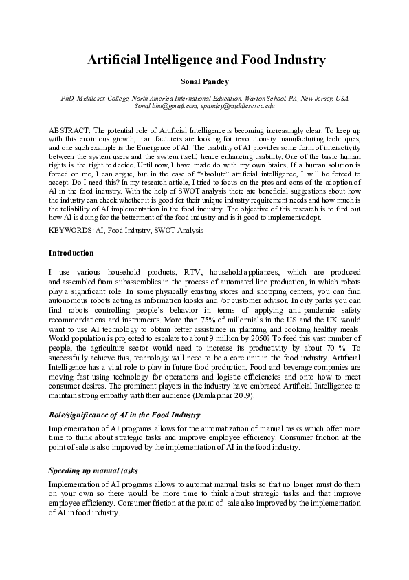 (PDF) Artificial Intelligence and Food Industry