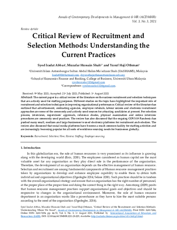 (PDF) Critical Review of Recruitment and Selection Methods ...