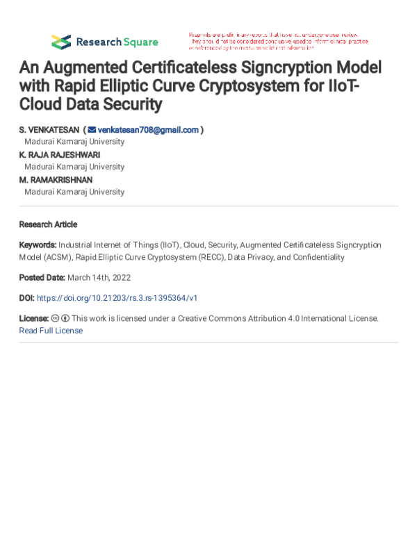 (PDF) Enhanced Security for IIoT-Cloud with Certificateless Signcryption